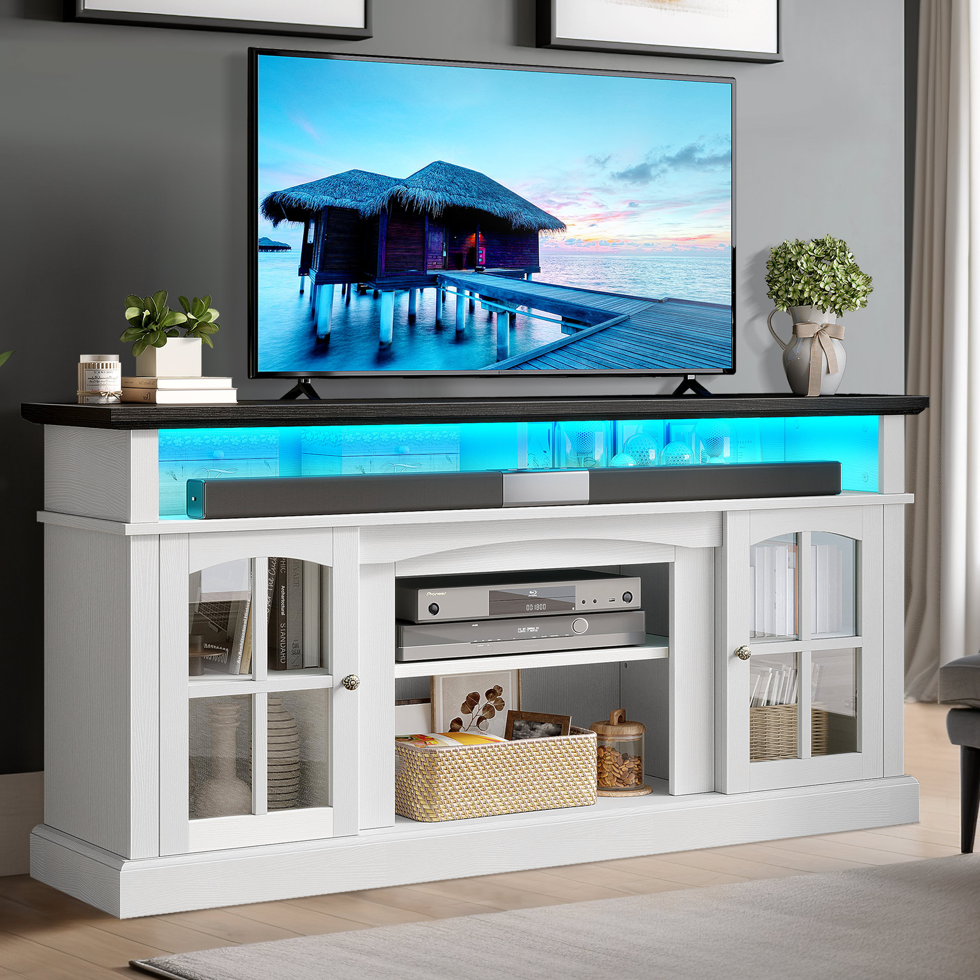 65.7 W Farmhouse LED TV Stand TV Console Table with USB Port and Outlet Wade Logan Color White